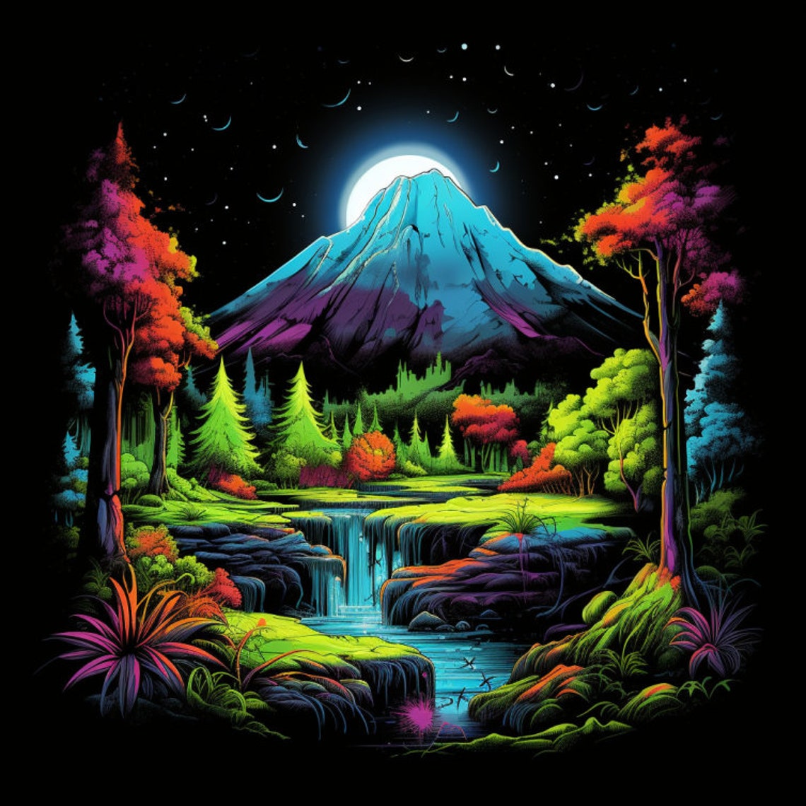 Neon Vivid Fluorescent Landscape, Bundle of 5 PNG Files for Wall Art ...