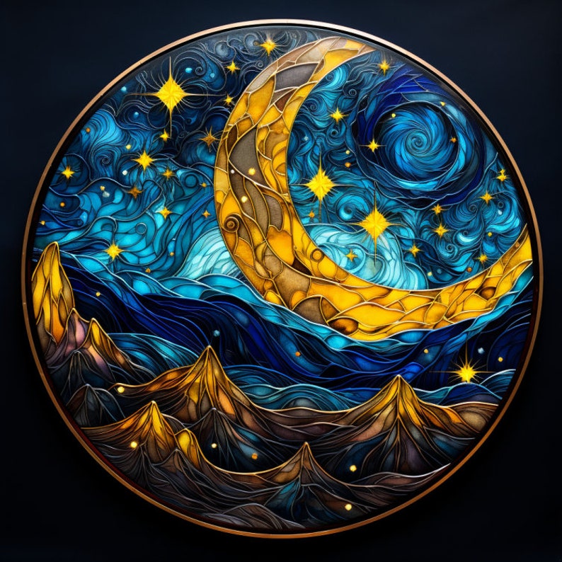 Starry Night Stained Glass, Bundle of 5 PNG Files for Wall Art, Digital ...