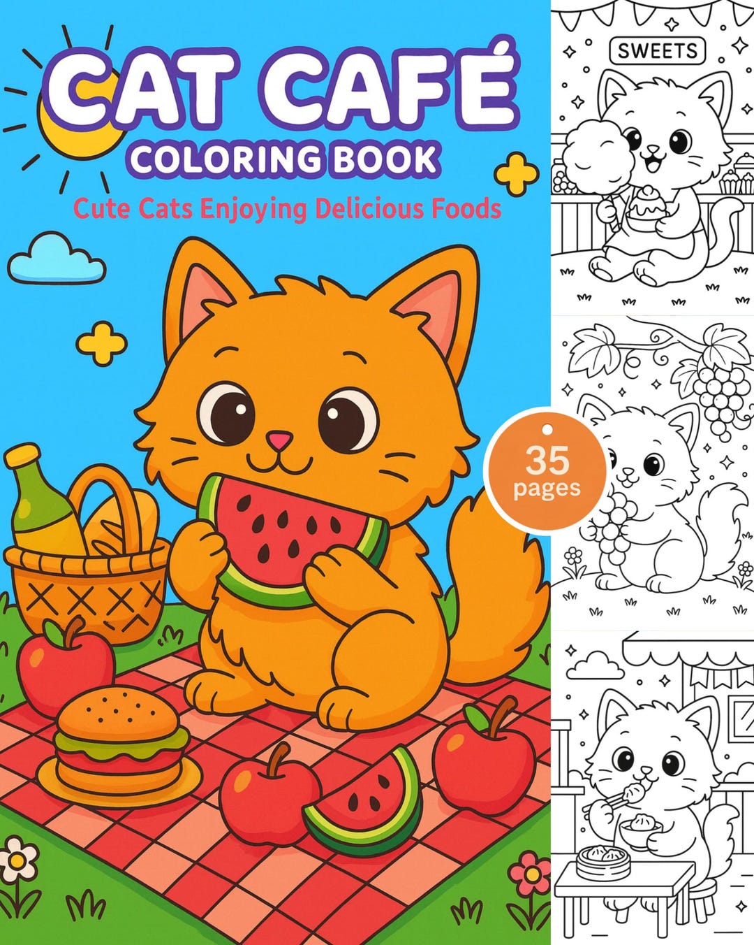Cat Cafe Coloring Book 35 Cute Cats Enjoying Delicious Foods Printable ...