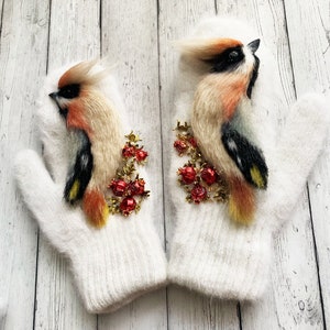Custom WAXWING BIRD MITTENS, Birds Felt Mittens, Winter Mittens, Birds ...