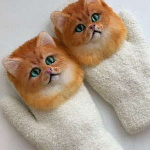 GRAY CAT MITTENS, Felt Animal Mittens, Designer Mittens, Mohair Mittens ...