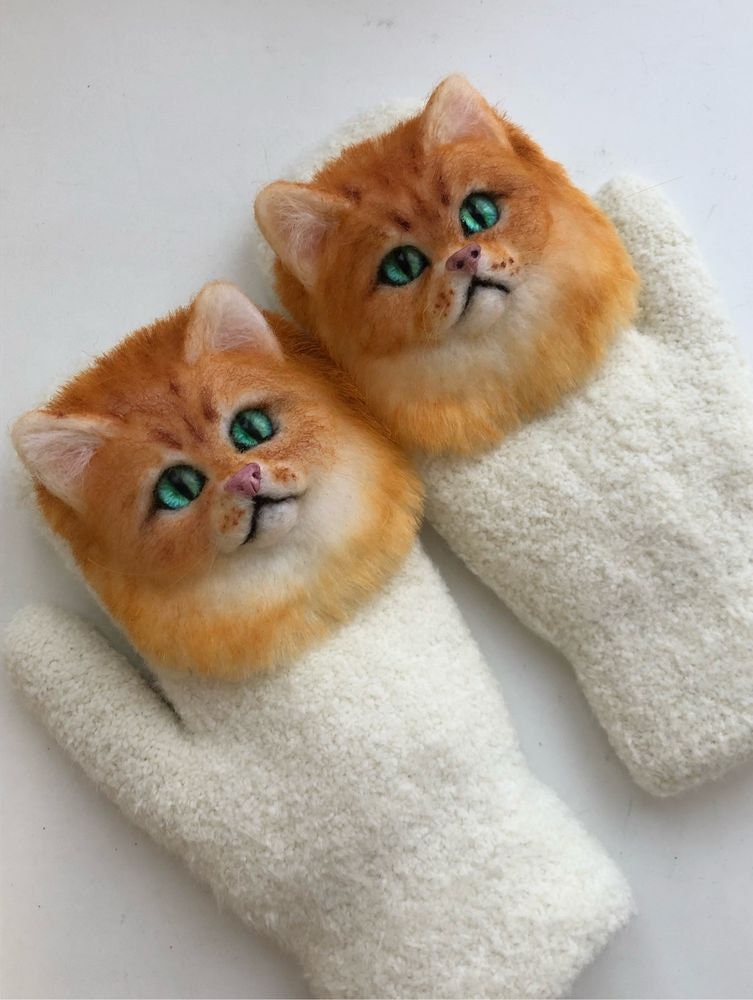 GRAY CAT MITTENS, Felt Animal Mittens, Designer Mittens, Mohair Mittens ...