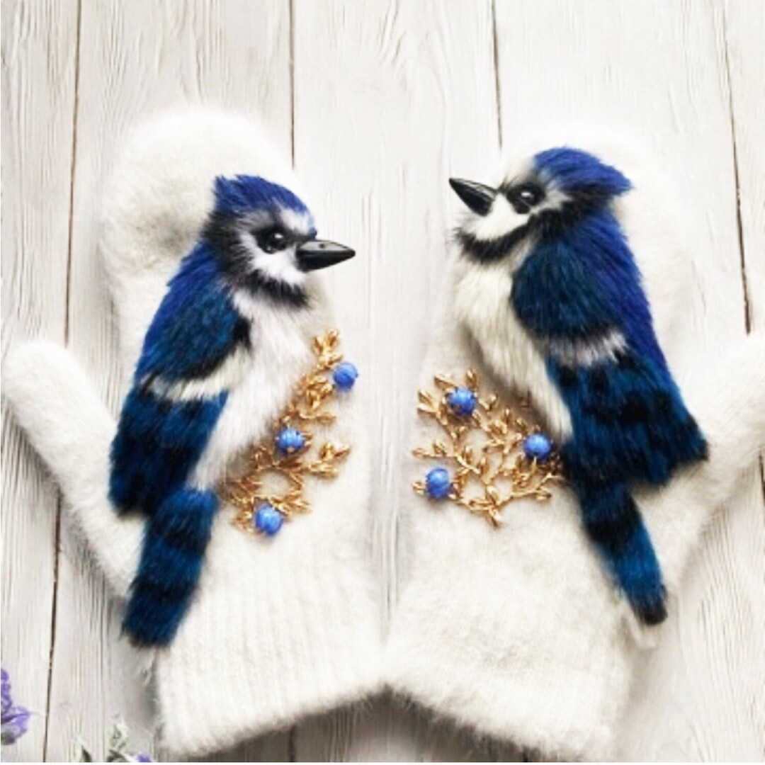 Custom BLUE SNOWBIRDS MITTENS, Birds Felt Mittens, Winter Mittens ...