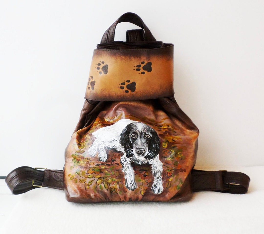 CUSTOM Dog Portrait Leather Backpack, Leather Bag, Hand Painted Fully ...