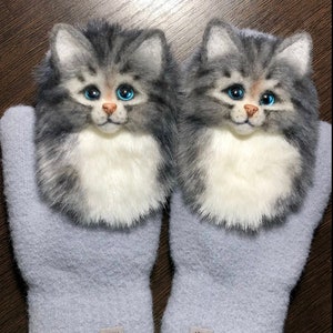 GRAY CAT MITTENS, Felt Animal Mittens, Designer Mittens, Mohair Mittens ...