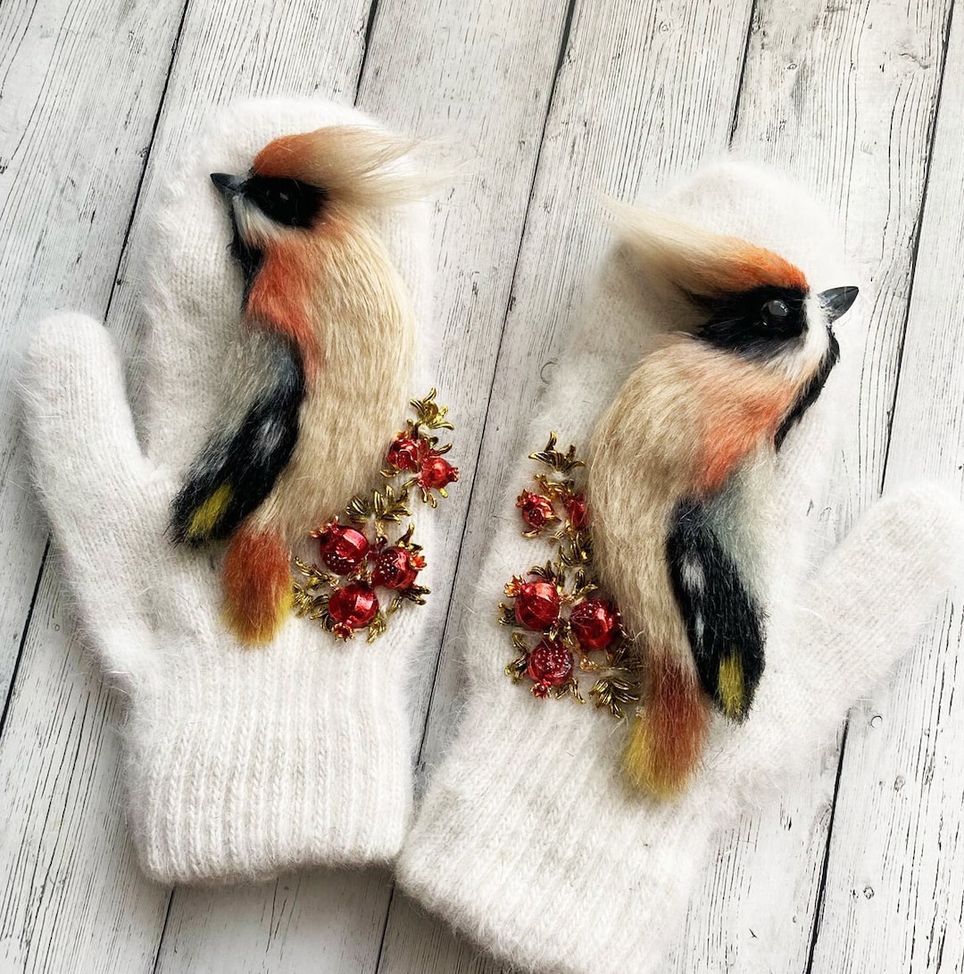 Custom WAXWING BIRD MITTENS, Birds Felt Mittens, Winter Mittens, Birds ...