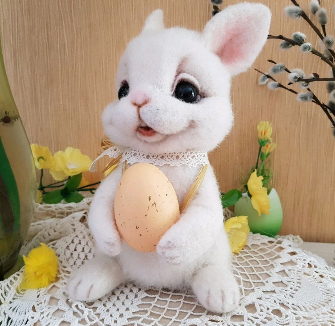 WHITE BUNNY With an EASTER Egg, Needle Felted Bunny ,handmade Gifts and ...