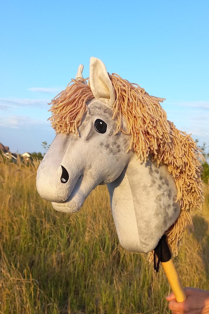 Hobby Horse: Gray Plush Horse on a Stick With Bridle & Reins - Etsy