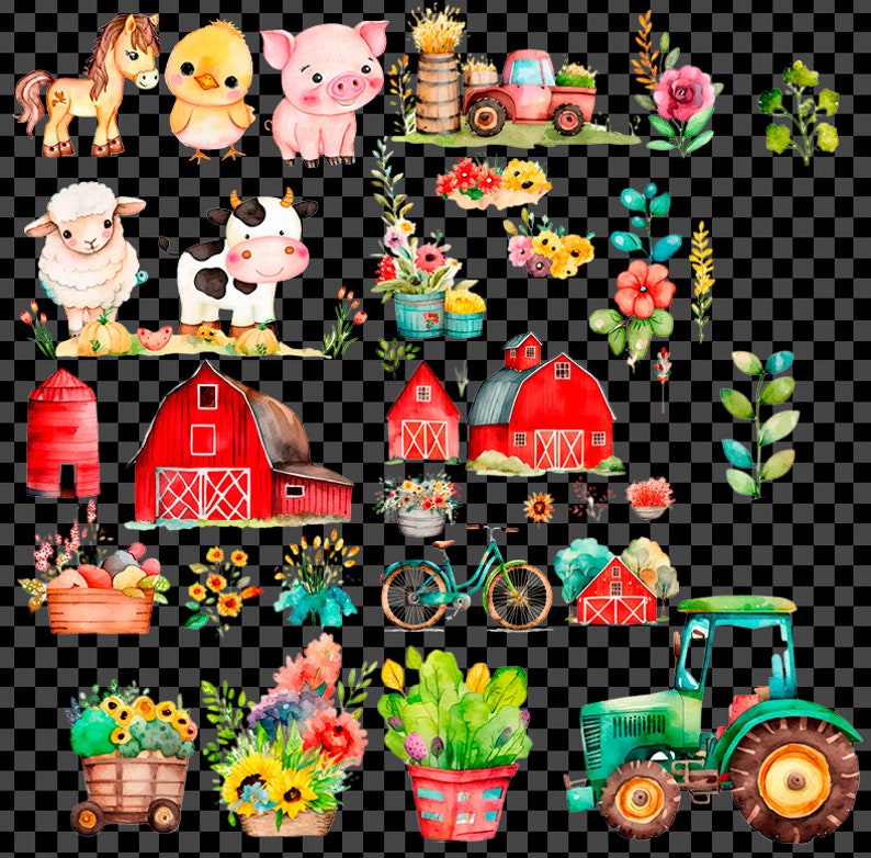 Cute Farm Clipart Farm Animals Watercolor Digital Clipart - Etsy