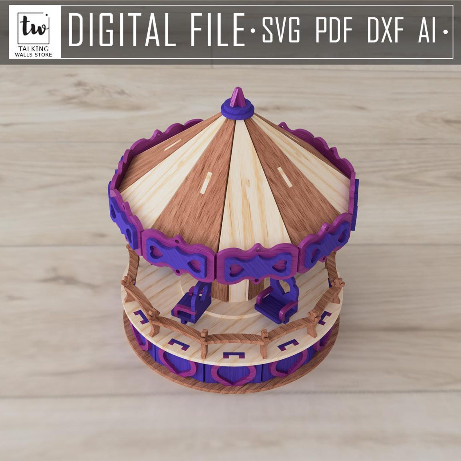 3D Wooden Carousels Bundle, Carousel Laser Cut, 3D Merry Go Round Model ...