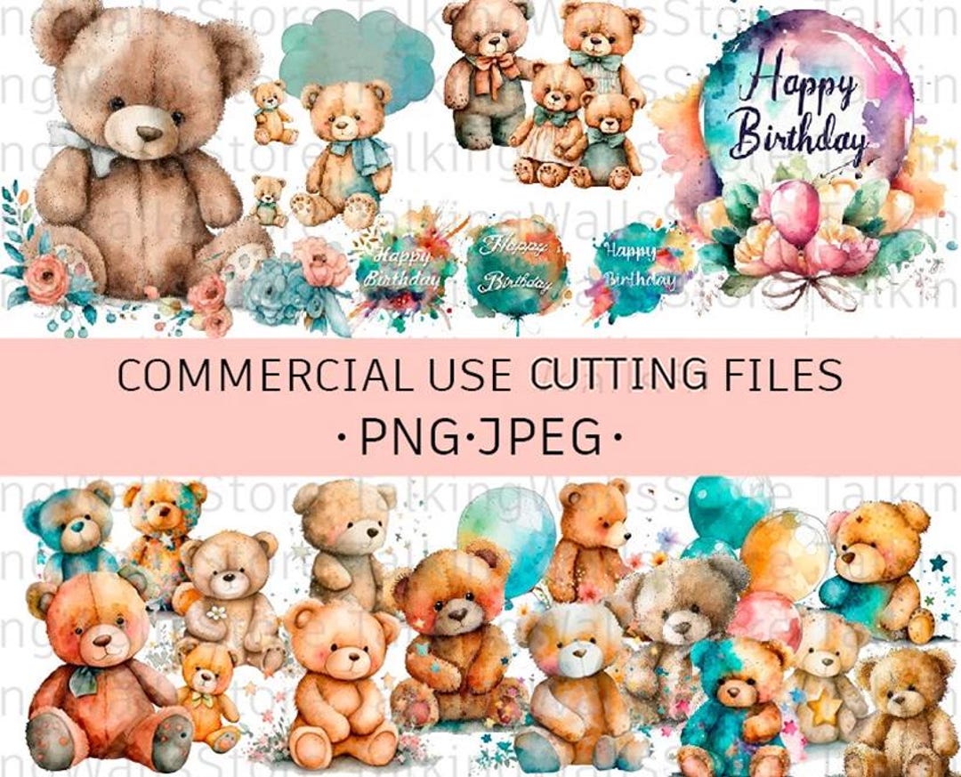 Watercolor Teddy Bear Clipart Png, Teddy Bear SET Jpeg, Happy Birthday ...