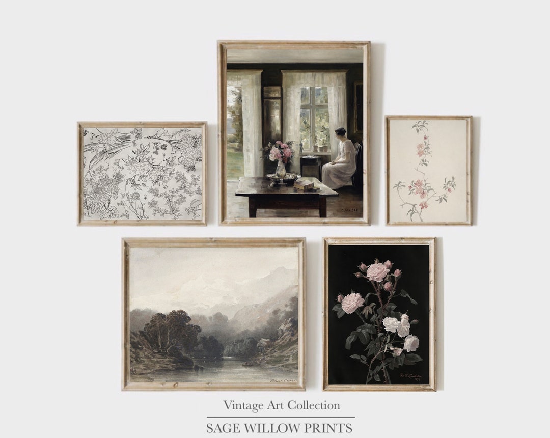 Vintage French Country Wall Art Set of 5 Prints, Printable Dark ...
