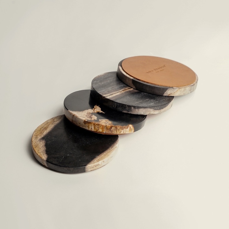 Black Petrified Wood Stone Coaster With Leather Base set of 4 - Etsy