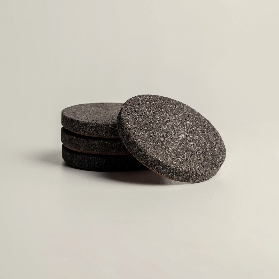 Lava Stone Coaster Set, Round, Black With Leather Base set of 4 - Etsy