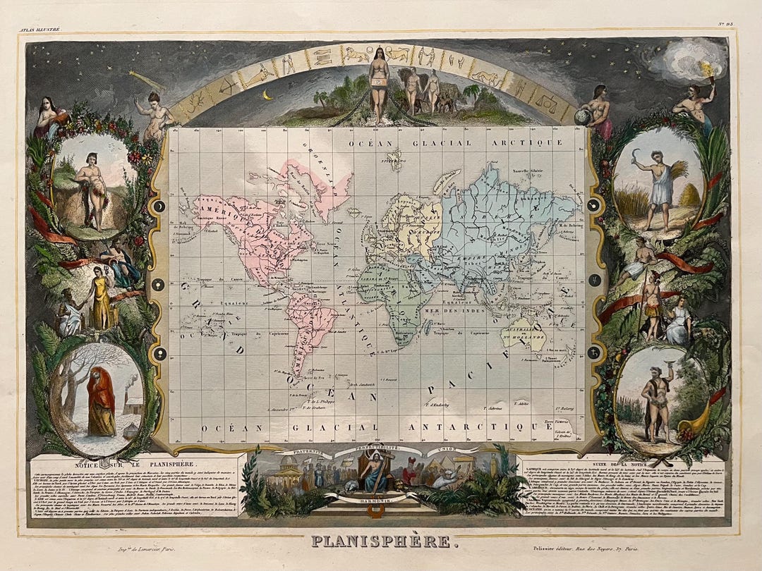 Carte - Planisphère- - Gravure Couleurs 1850 Atlas National Levasseur ...