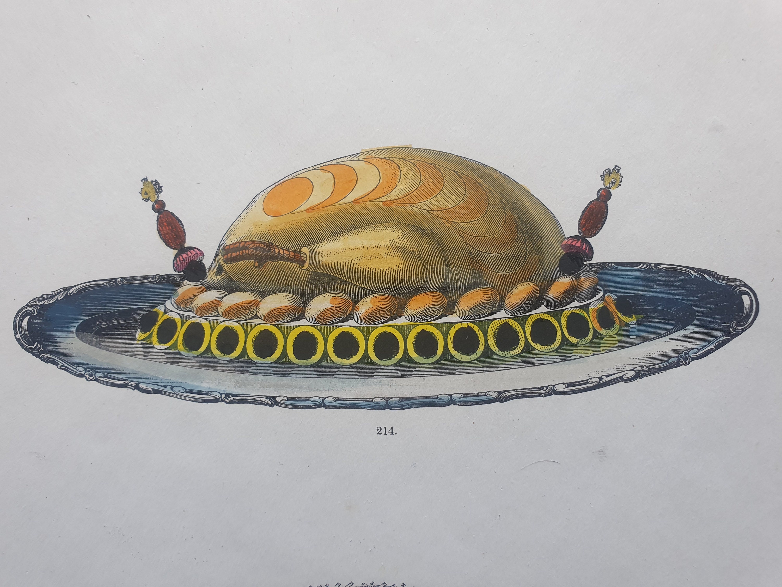 1872 Colored Engraving - 213 Tranche De Saumon à La Royale, 214 Dinde ...