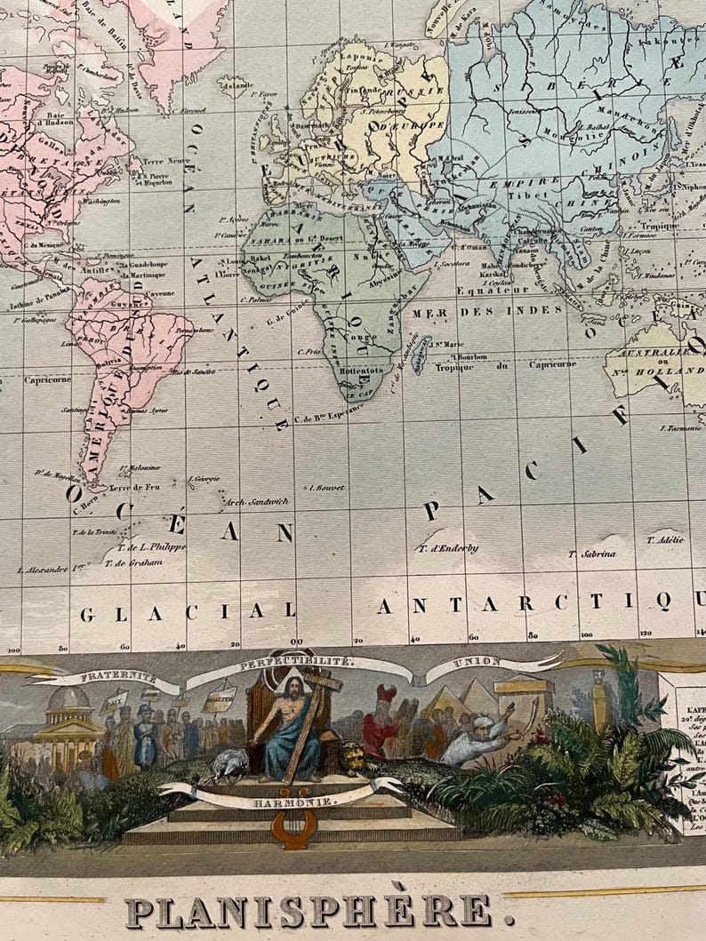 Carte - Planisphère- - Gravure Couleurs 1850 Atlas National Levasseur ...