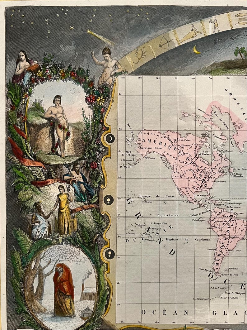 Carte - Planisphère- - Gravure Couleurs 1850 Atlas National Levasseur ...