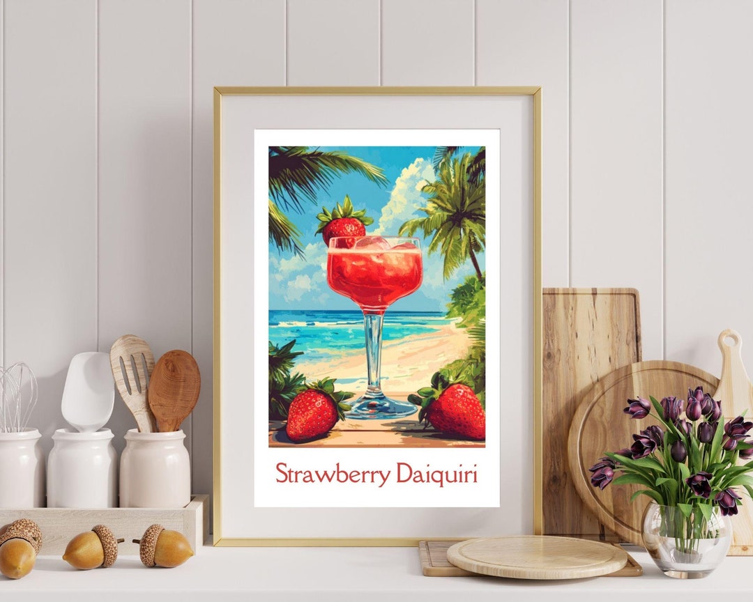 Strawberry Daiquiri Poster, Retro Cocktail Art Print, Kitchen Decor ...