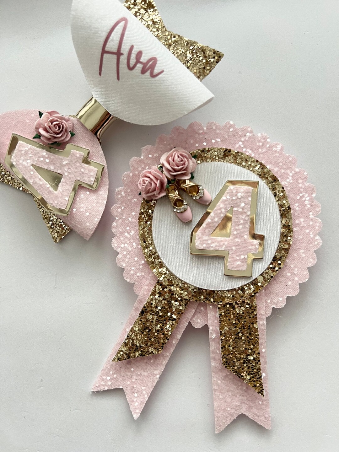 Birthday Ballet Rosette Badge, Pink Gold and White. Personalised ...