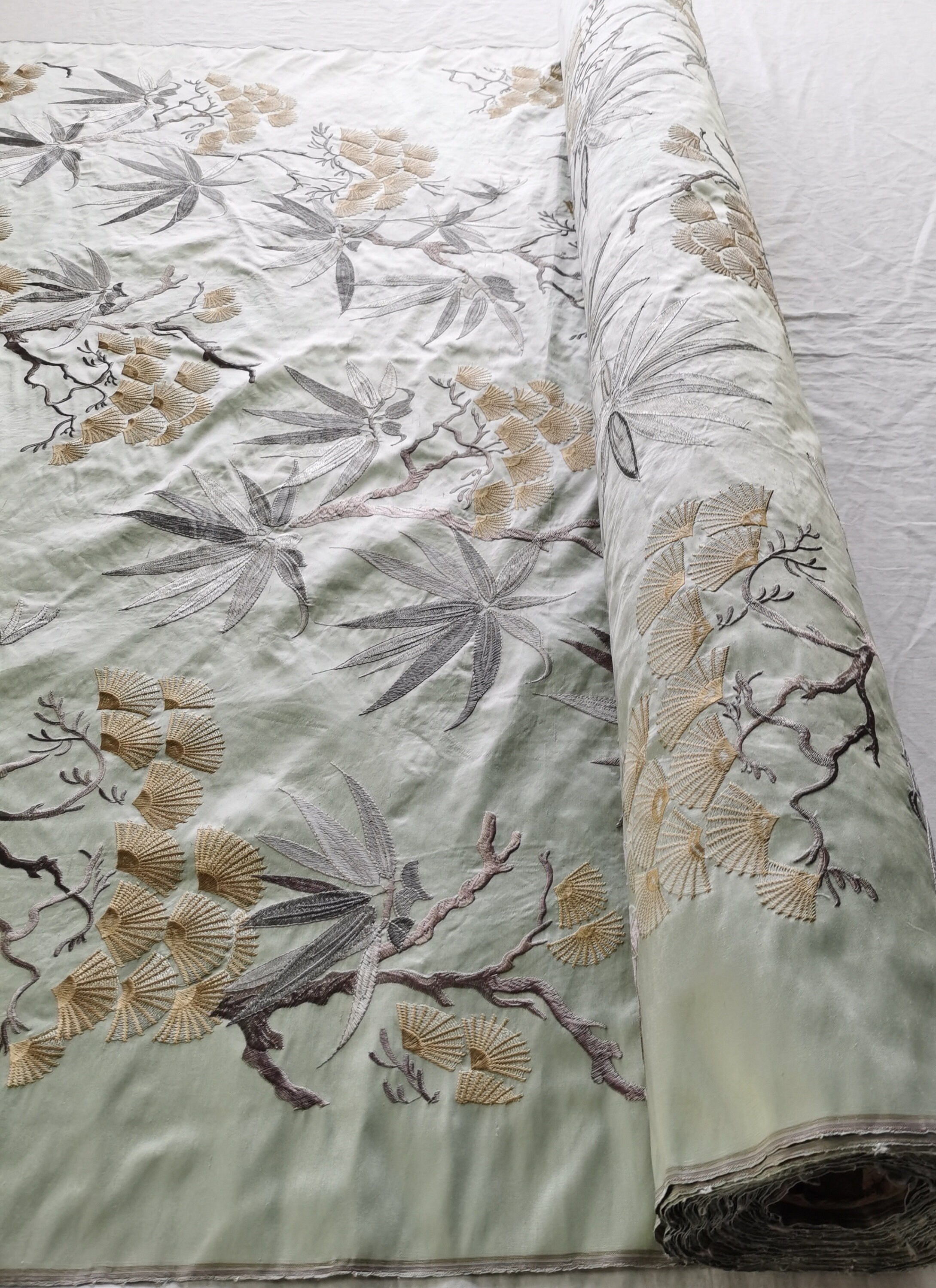Pine and Bamboo: 54" Wide Chinoiserie Embroidered Drapery on Deep Blue ...