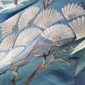 Pine and Bamboo: 54" Wide Chinoiserie Embroidered Drapery on Deep Blue ...