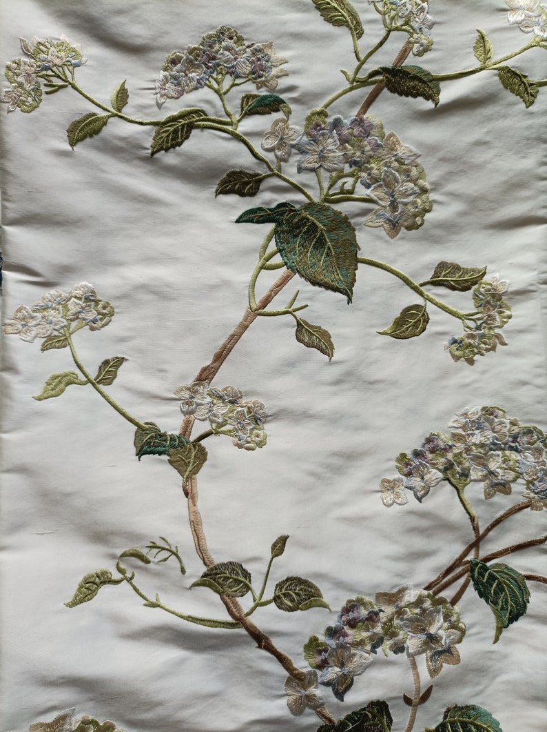 Hydrangea Chinoiserie Embroidered Drapery Panel on Beige Silk Doupioni ...