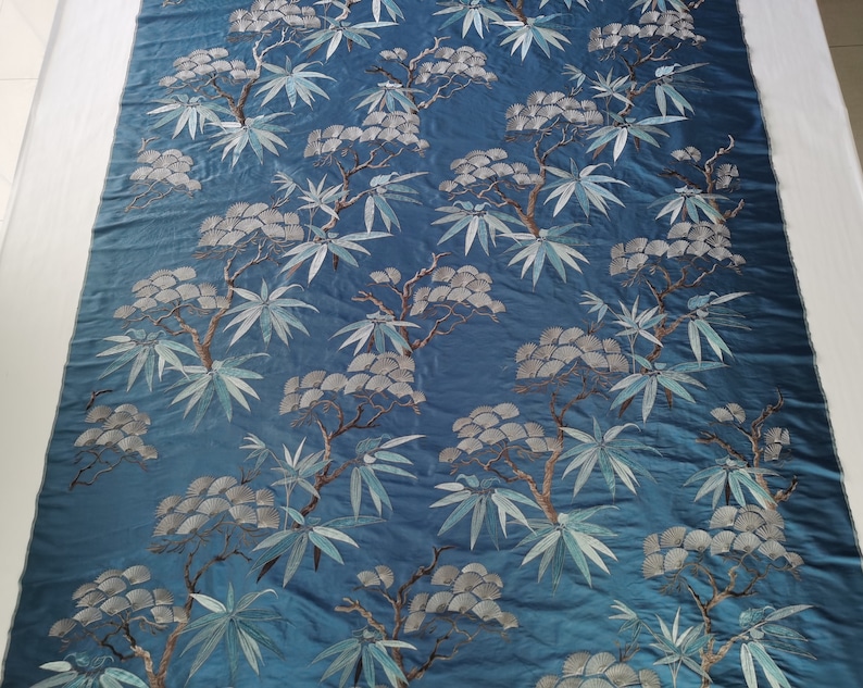 Pine and Bamboo: 54" Wide Chinoiserie Embroidered Drapery on Deep Blue ...