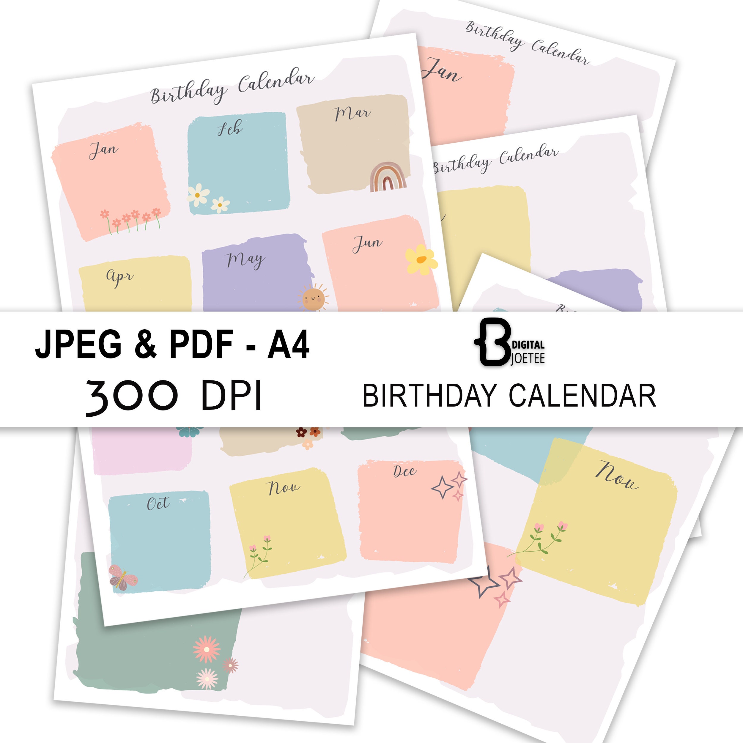 Printable Birthday Calendar, Jpeg and PDF File, Happy Boho Colors ...