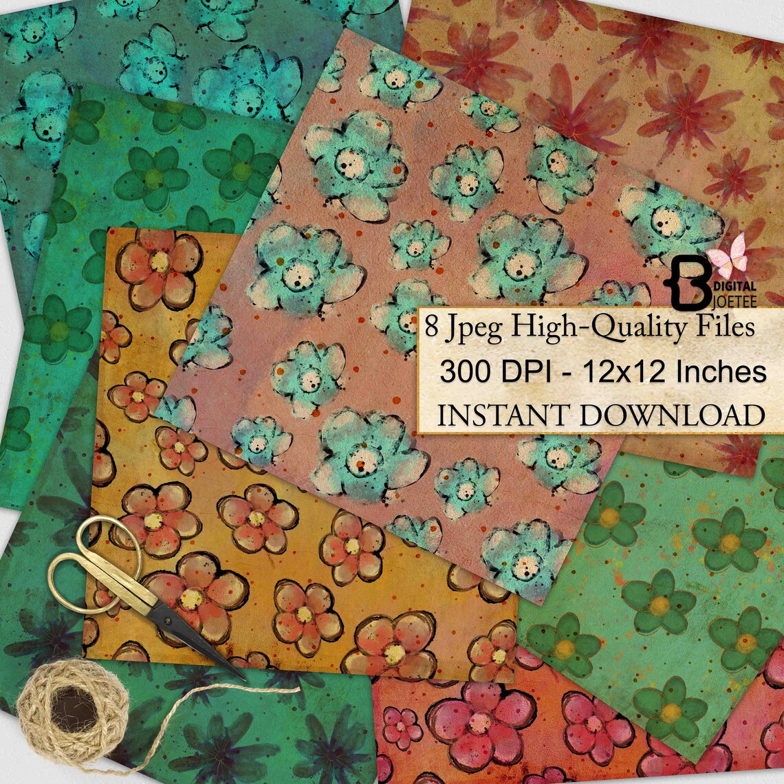Floral Digital Paper Floral Background Grunge Floral Papers - Etsy