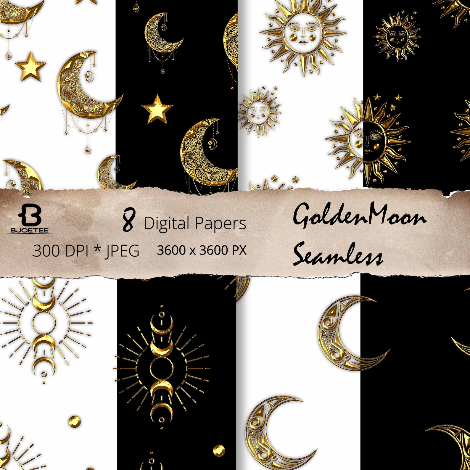 Celestial Paper, Gold Moon Pattern, Mystical Moon Clipart, Magic Moon ...