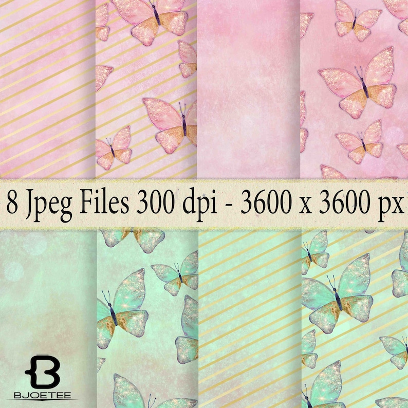 Butterflies Pastel Digital Paper With Gold, Digital Papers Glitter ...