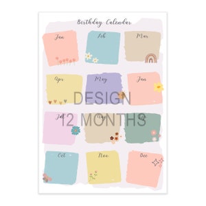 Printable Birthday Calendar, Jpeg and PDF File, Happy Boho Colors ...