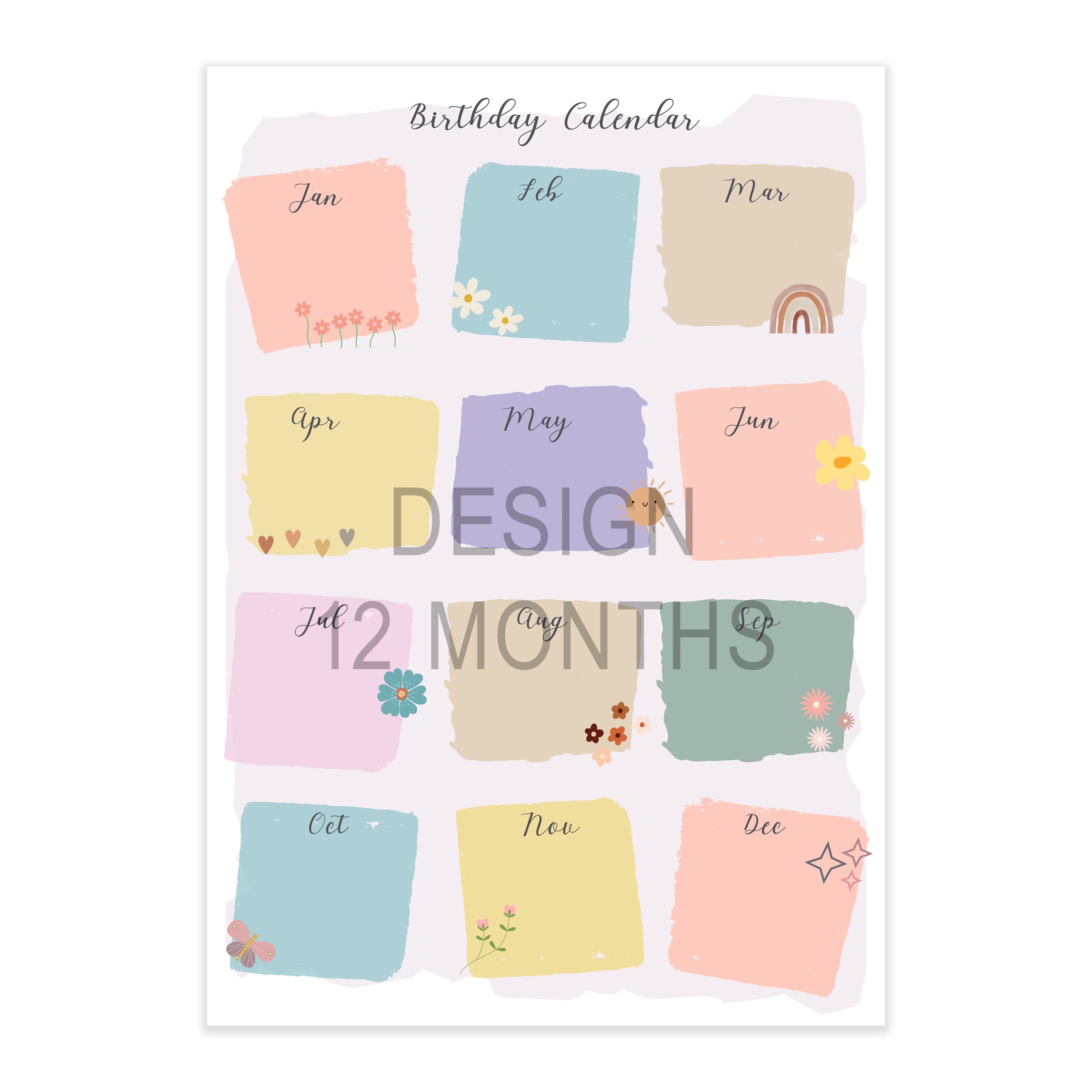 Printable Birthday Calendar, Jpeg and PDF File, Happy Boho Colors ...