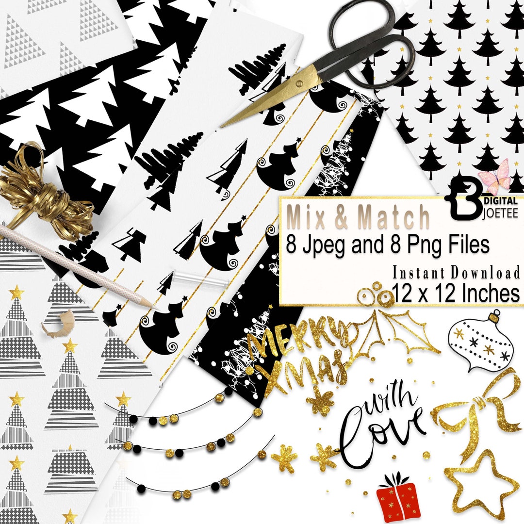 Christmas Clipart, Xmas Digital Paper, Black White Paper, Christmas ...