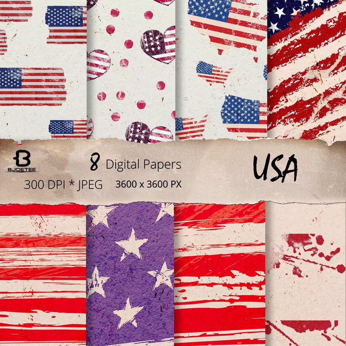 USA Flag Digital Paper Scrapbook Papers Digital Paper Pack Patriotic ...