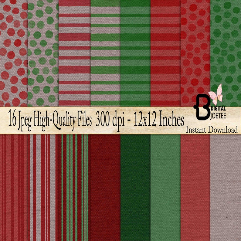 Christmas Digital Paper, Red and Green Stripes and Dots, Fabric Texture ...