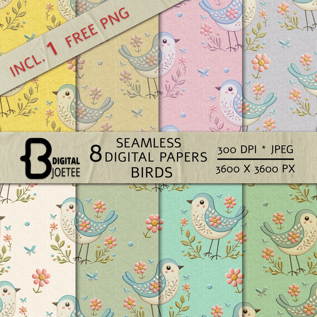 Cute Birds Seamless Digital Papers, Printable Paper Sheets, Background ...
