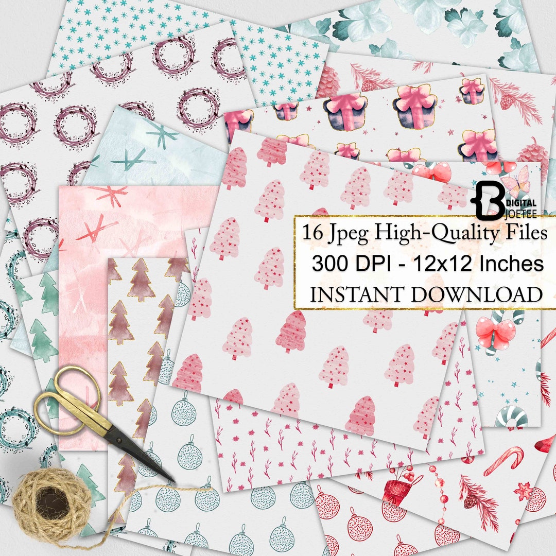 Pink Christmas Paper, Digital Paper, Watercolor Christmas, Scrapbook ...