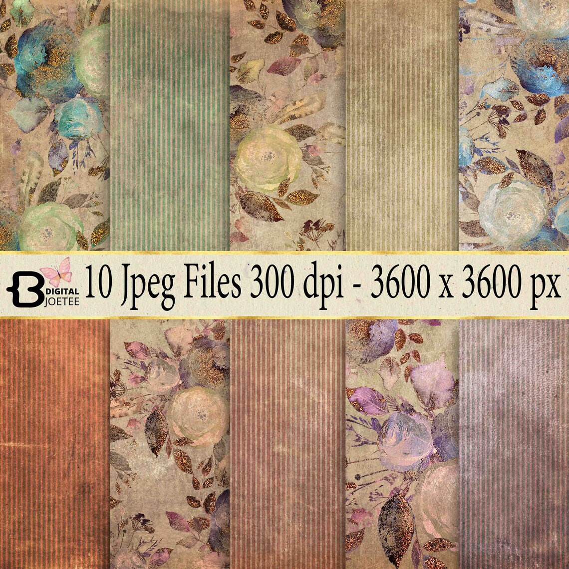 Grunge Roses Paper Digital Paper Watercolor Roses Floral Vintage Paper ...