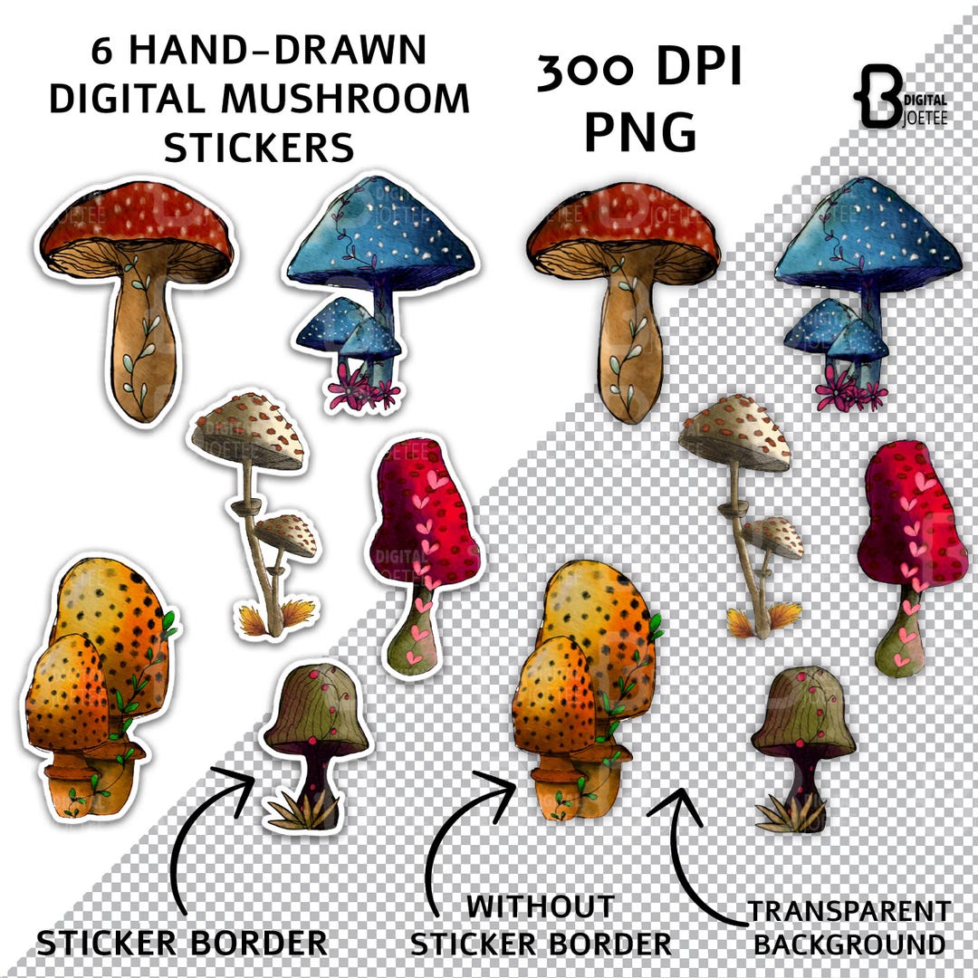 Digital Mushroom Stickers, Png A4 Sheet, Handdrawn Mushrooms, Clipart ...