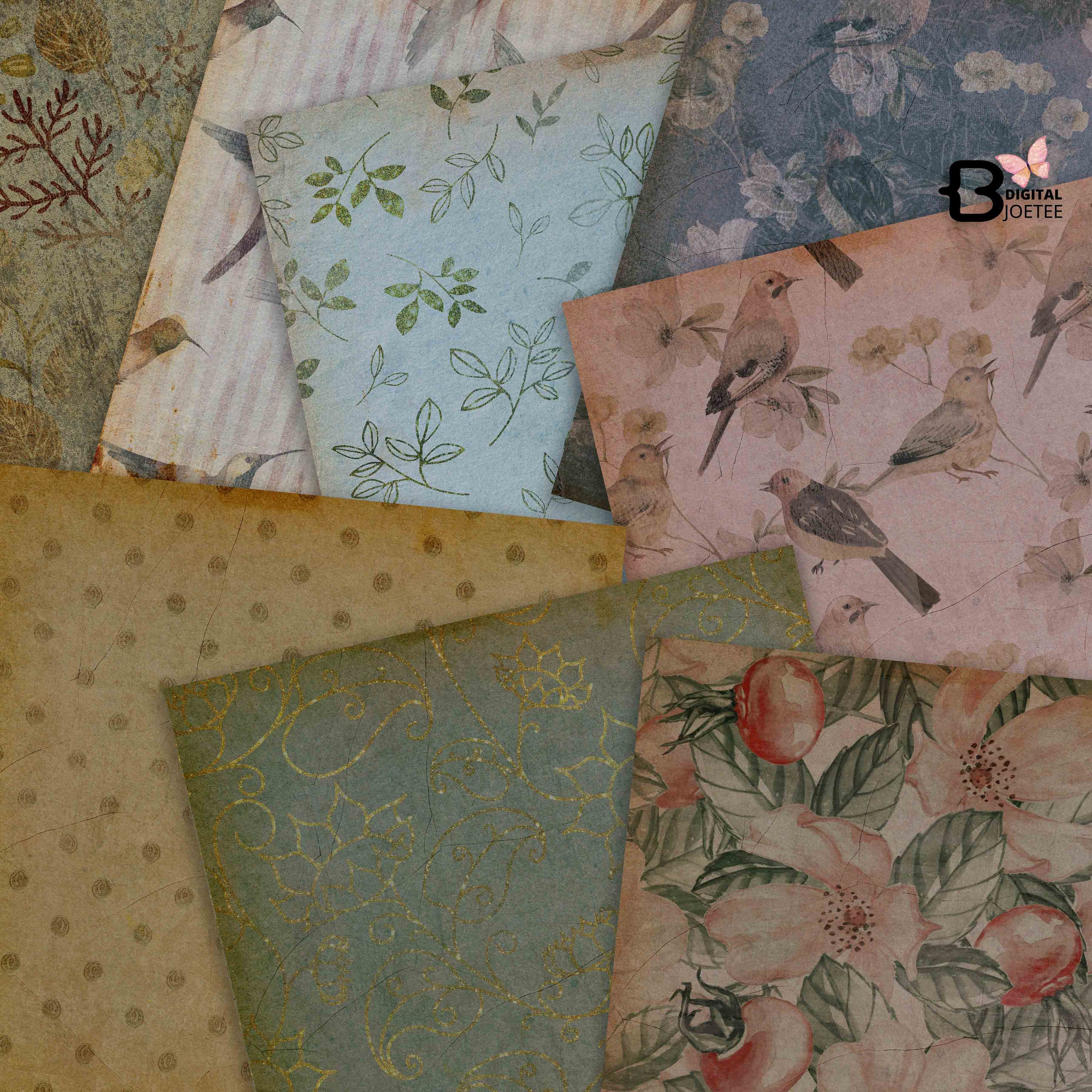Birds Journal Paper, Floral Scrapbook, Digital Paper, Printable Grunge ...