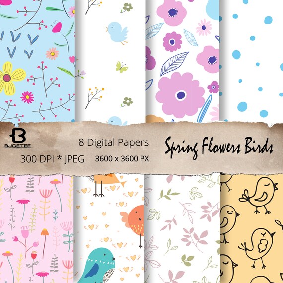 Spring Birds Digital Paper Spring Flowers Digital Instant - Etsy