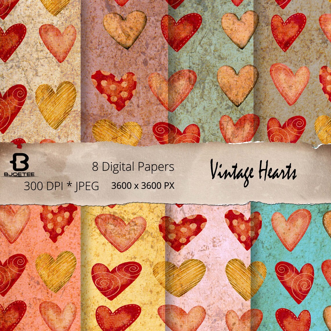 Digital Paper, Hearts Paper, Vintage Paper, Craft Papers, Junk Journal ...