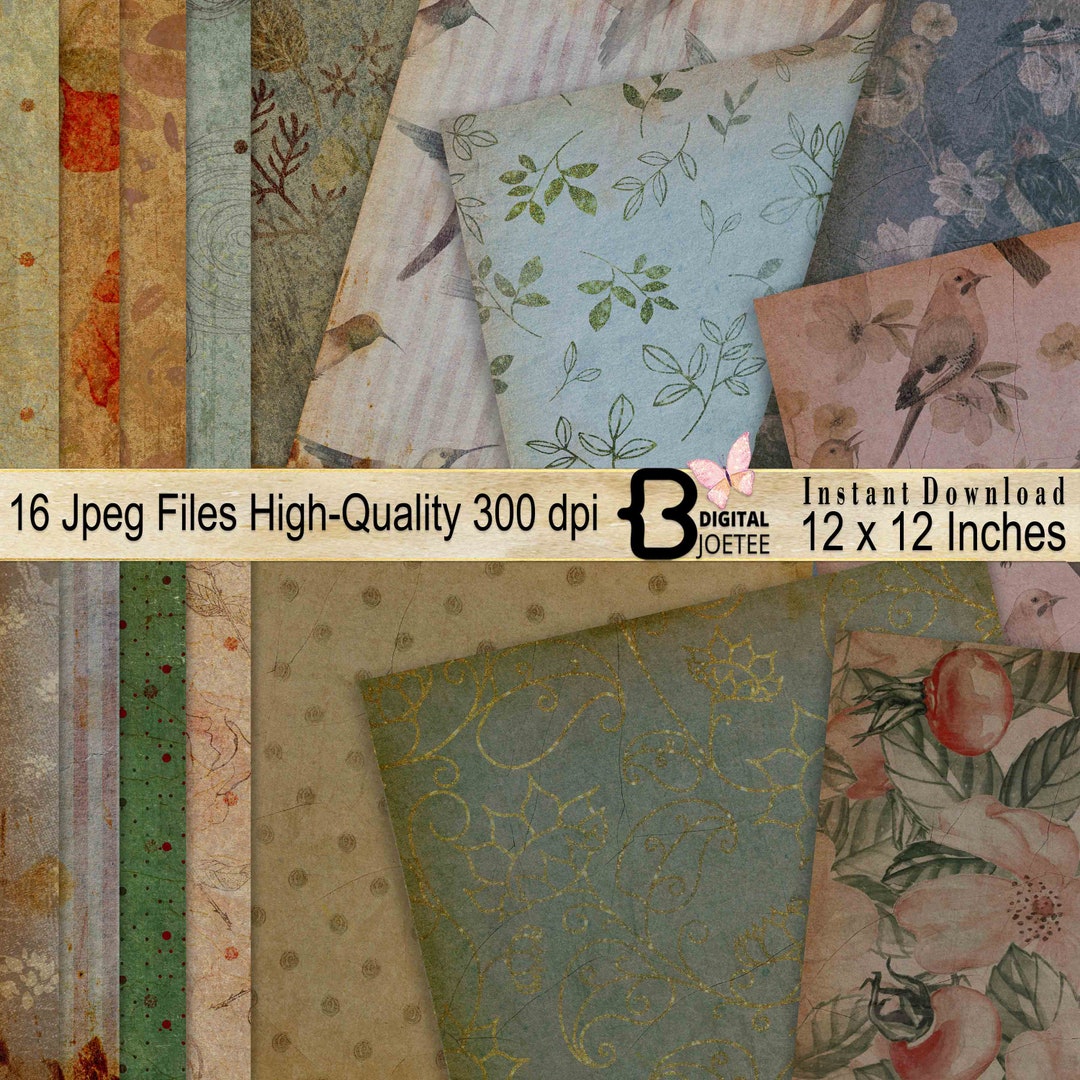 Birds Journal Paper, Floral Scrapbook, Digital Paper, Printable Grunge ...