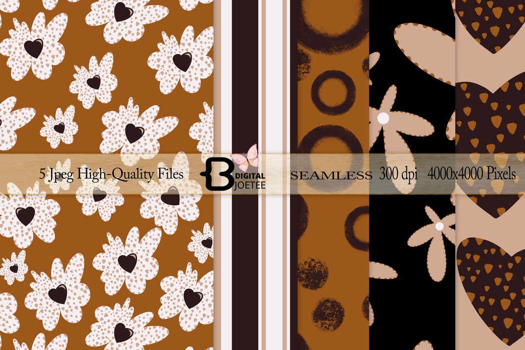 Seamless Hand Drawn Patterns, Floral, Stripes and Hearts, Digital ...