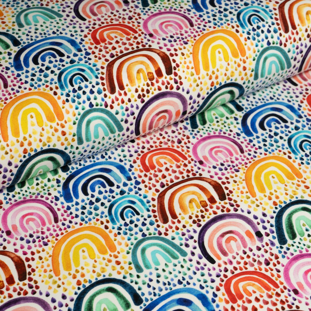 Cotton Jersey Fabric, Bright Rainbows, Rainbow Fabric, Stretch Knit ...