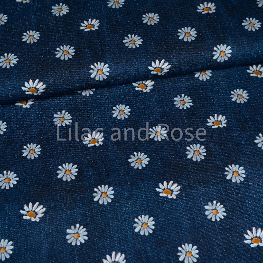 Floral Cotton Jersey Fabric, Navy Denim Style Fabric With Daisies ...