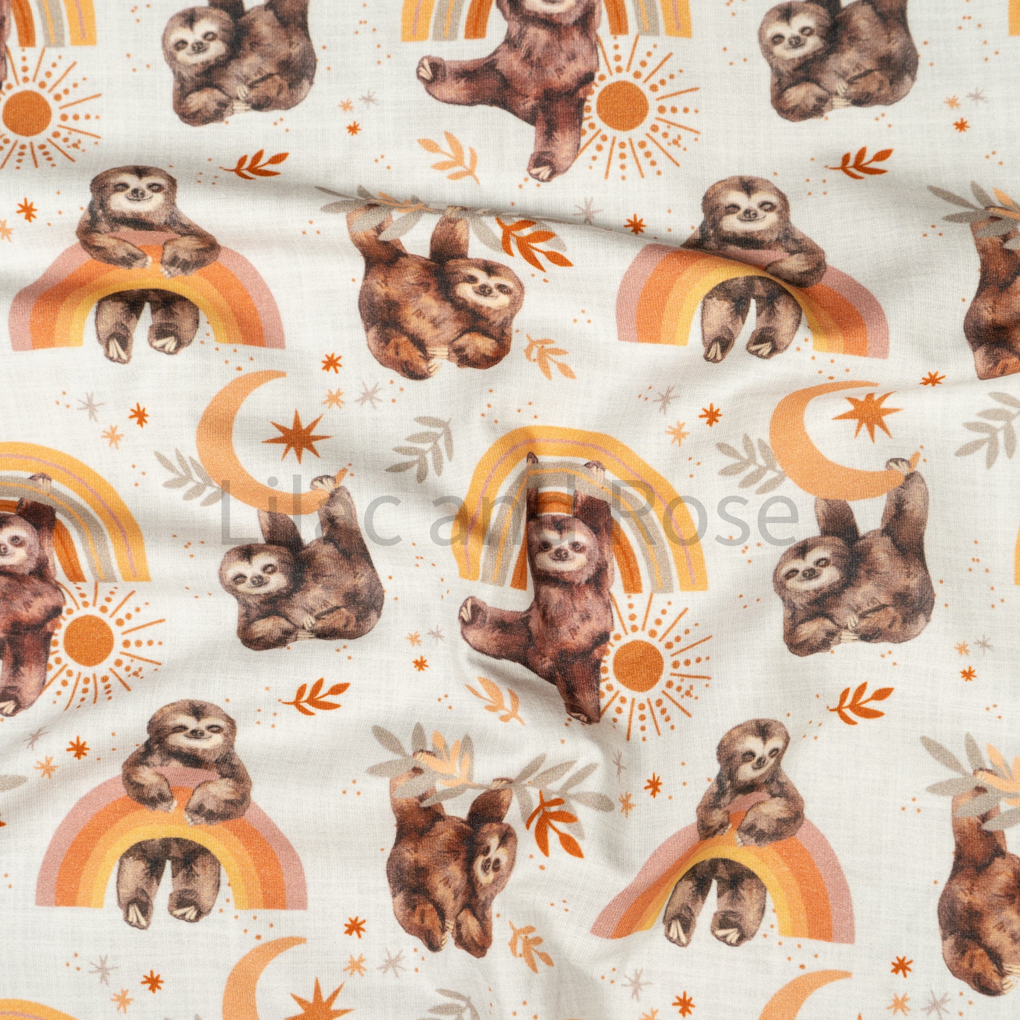 Cotton Jersey Fabric, Boho Sloths on Linen Grey, Neutral Print, Stretch ...