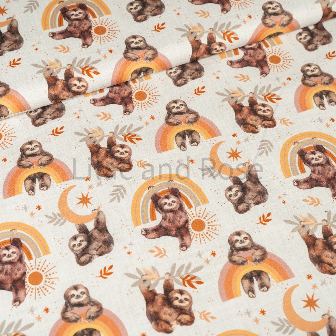 Cotton Jersey Fabric, Boho Sloths on Linen Grey, Neutral Print, Stretch ...